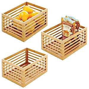 mDesign Bamboo Slotted Cabinet Shelf Storage Organizer Bin for Kitchen, Pantry, Bathroom, Bedroom, Office, Living Room Organization - Holds Food, Snacks, Fruits - Echo Collection - 3 Pack - Natural