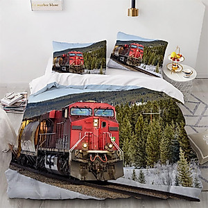 HONEDON Diesel Locomotive 3D Print Pattern Duvet Cover Retro Train Pattern Bedding Set with 2 Pillowcases Microfiber Bedspread Cover Zipper 3 Pieces(1 Duvet Cover + 2 Pillowcase 20" x 30")