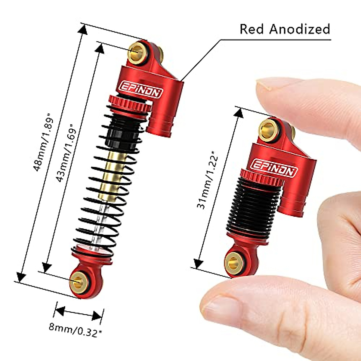 EPINON All Aluminum Front & Rear Shocks for FMS RocHobby eazyrc 1/24 FCX24 1/18 Toyota Land Cruiser/Hilux/FJ Cruiser/Chevrolet K10/Mogrich/Apache/Atlas 6X6 Upgrade Parts (4PCS Red)