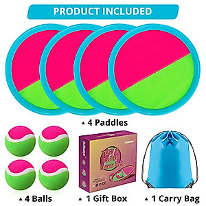 Outdoor Games for Kids - Outside Toys for Kids Ages 4-8, Toss and Catch Ball Set, with 4 Paddles 4 Balls, and 1 Storage Bag, Yard Games for Kids Boys Girls Birthday Gifts New Year Gifts- 4 Blue