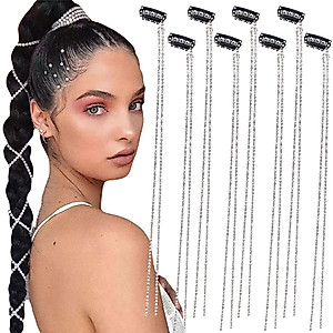 8 Pieces Long Rhinestone Hair Chains,Punk Tassel Hair Clips Bling Crystal Hair Extension 20 Inch Head Chain Silver Decorative Hair Clip Hairpin for Women and Girls Nightclub Party Daily Headwear