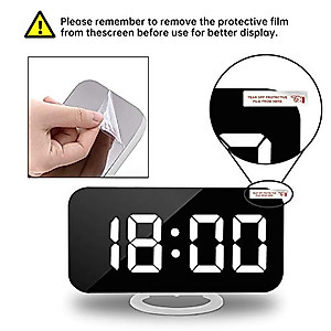 Digital Alarm Clock,7" LED Mirror Electronic Clocks,with 2 USB Charging Ports,Snooze Mode,Auto Adjust Brightness,Modern Desk Wall Clocks for Bedrooms Living Room Office - White