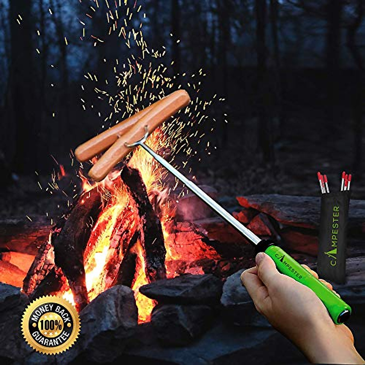 Campester Marshmallow Roasting Sticks with Wooden Handles, Set of 5 Telescopic Smores Skewers for fire Pit, Camping and Grilling, 34 inch extendable Stainless Steel Forks for Hot Dogs and Meat