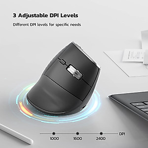 Wireless Vertical Mouse, Advanced Ergonomic Mouse Reduces Muscle Strain, 2400 DPI, USB C Rechargeable, 3 Device Connection (Bluetooth or USB), Compatible for PC, Laptop, iPad, Mac, Windows, Grey