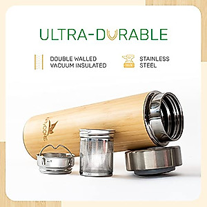 Bamboo Tumbler with Tea Infuser Bottle Loose Leaf Strainer – Advanced Double Insulated Stainless Steel Travel Thermos - Best Gift for Tea Lovers - Leak-Proof Hot Coffee Mug, Fruit Water Bottle (17 oz)