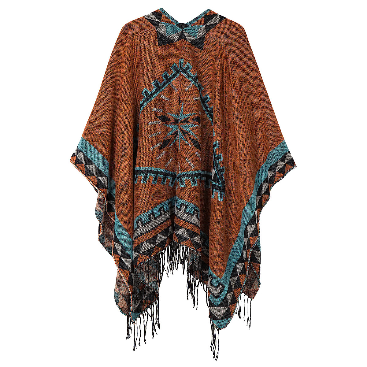 Women's Warm Shawls Wraps Open Front Cardigan Vintage Pattern Poncho Cape Sweater Coat (5 Orange)