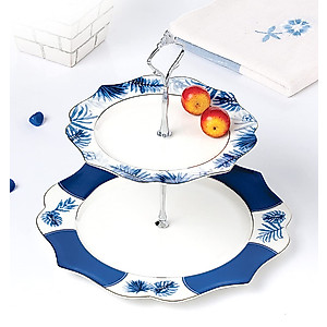 Linlins Fine Bone China 2-Tier Cake Stand/Blue Tropical Plant Cupcake Stand/Pastry Serving Cake Stand