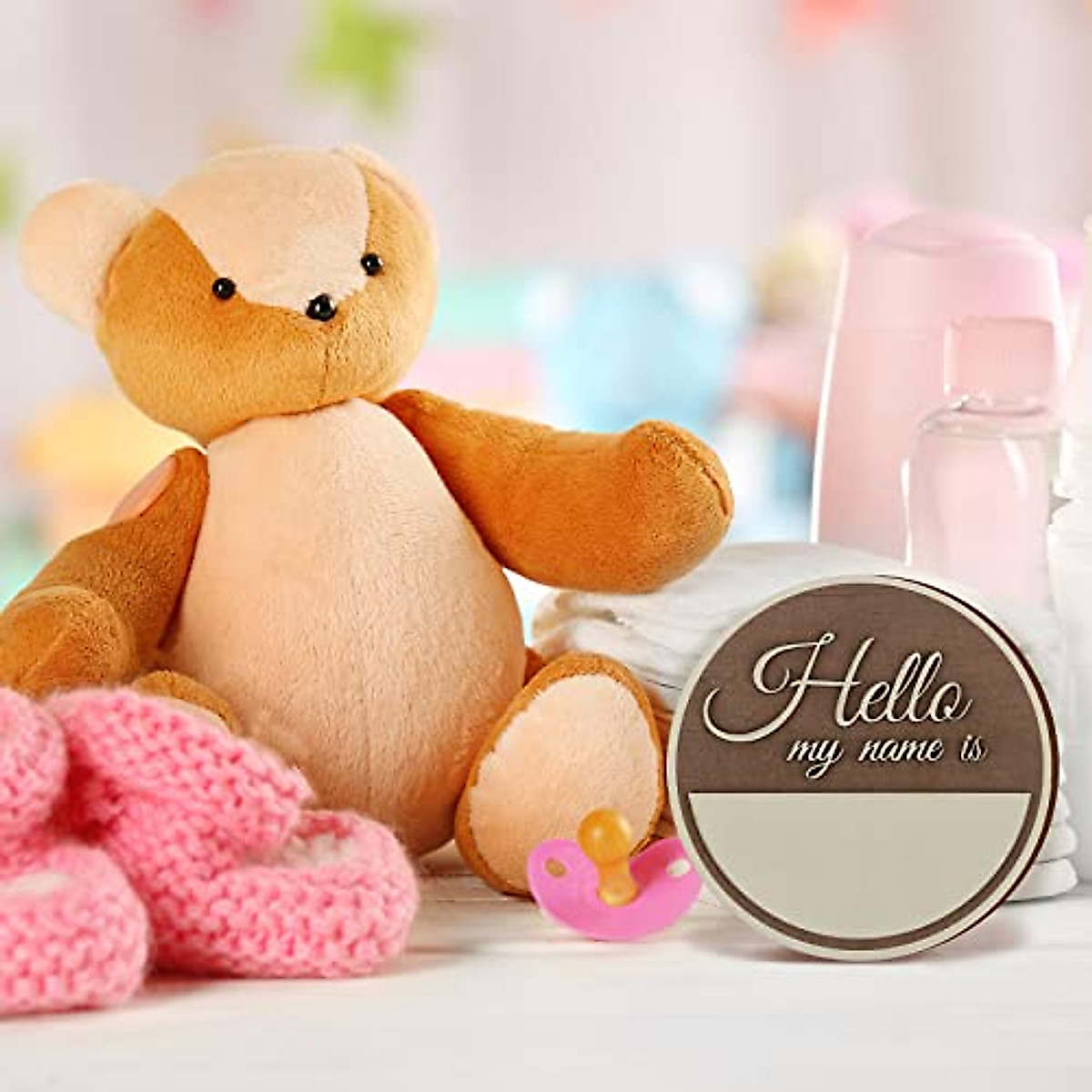 Birth Announcement Sign Baby Announcement Sign Wooden Newborn Sign Baby Name Sign Round Wood Plaque with Black Paint Marker for Baby Name and Birth Detail, 7.87 Inch (Brown)