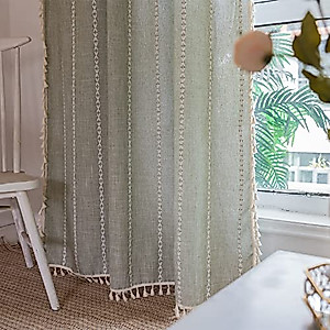 RoomTalks Sage Green Boho Farmhouse Curtains for Bedroom Living Room 84 Inch Length French Country Spring Cute Textured Window Curtain Panels Striped Bohemian Chic Tassel Draperies, 84’’L x 52’’W