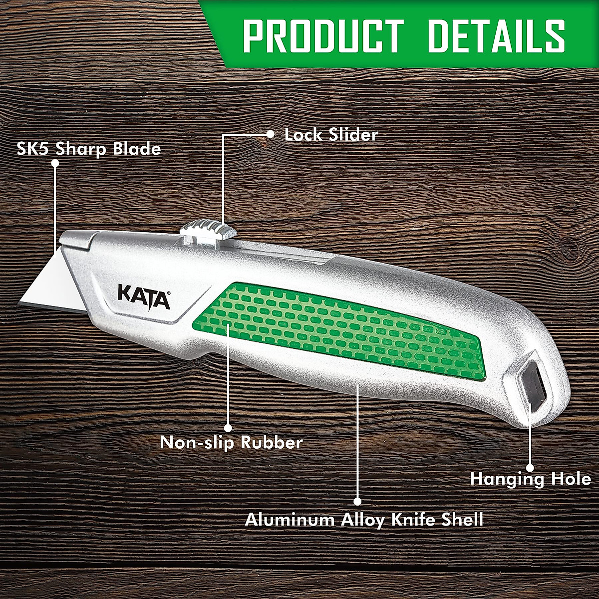 KATA 2 Pack Retractable Utility Knife,Heavy Duty Box Cutters for Cardboard, Boxes, Cartons and Rope,Rubbery Handle,with Extra 10pc SK5 Sharp Blades,GREEN
