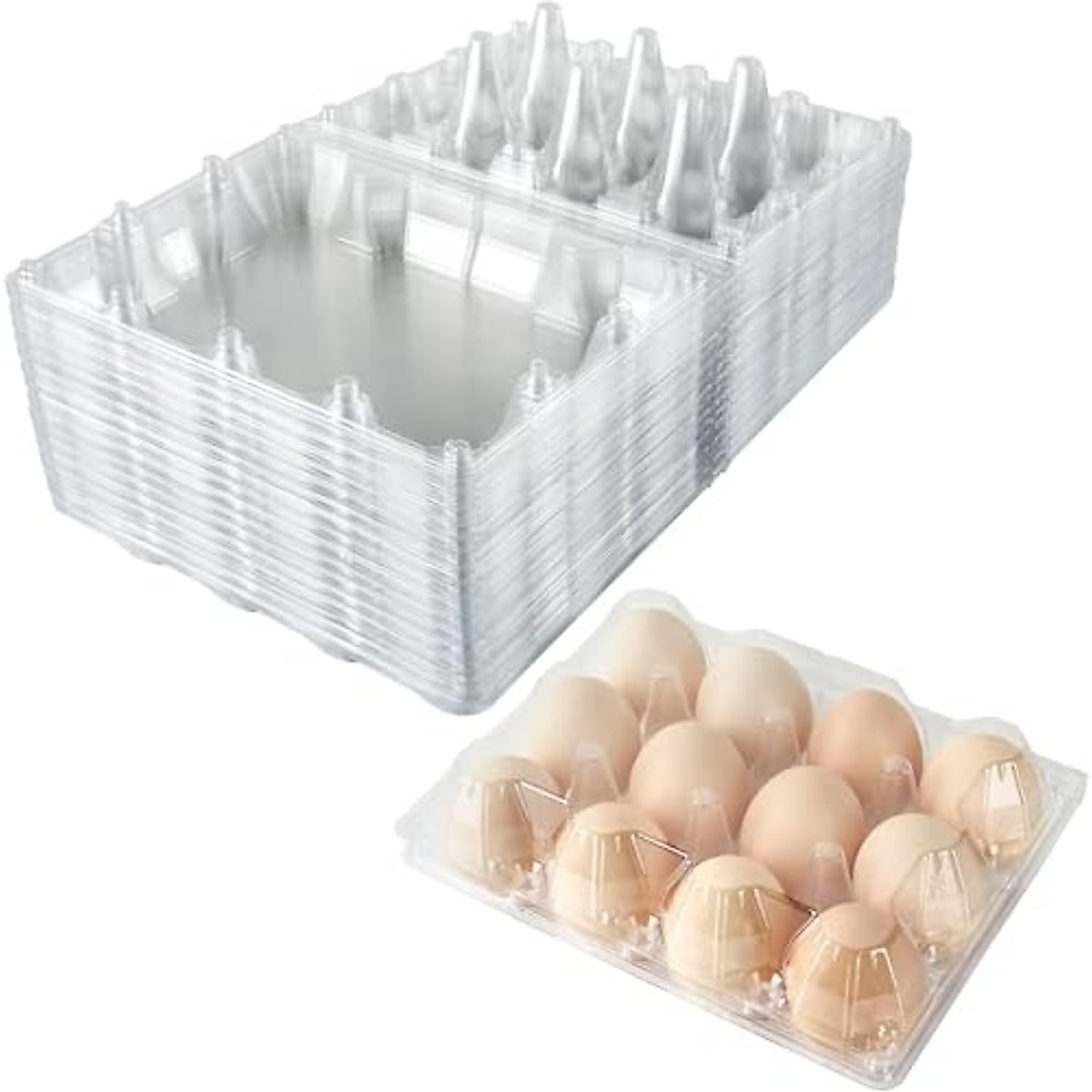 30 Packs Large Plastic Egg Cartons with Sticker Labels, 3 x 4 Grids Chicken Egg Tray Holders, Holds Up to 12 Eggs Clear Crate Bulk, Reusable Egg Carton for Family Pasture Farm Markets Display (30)