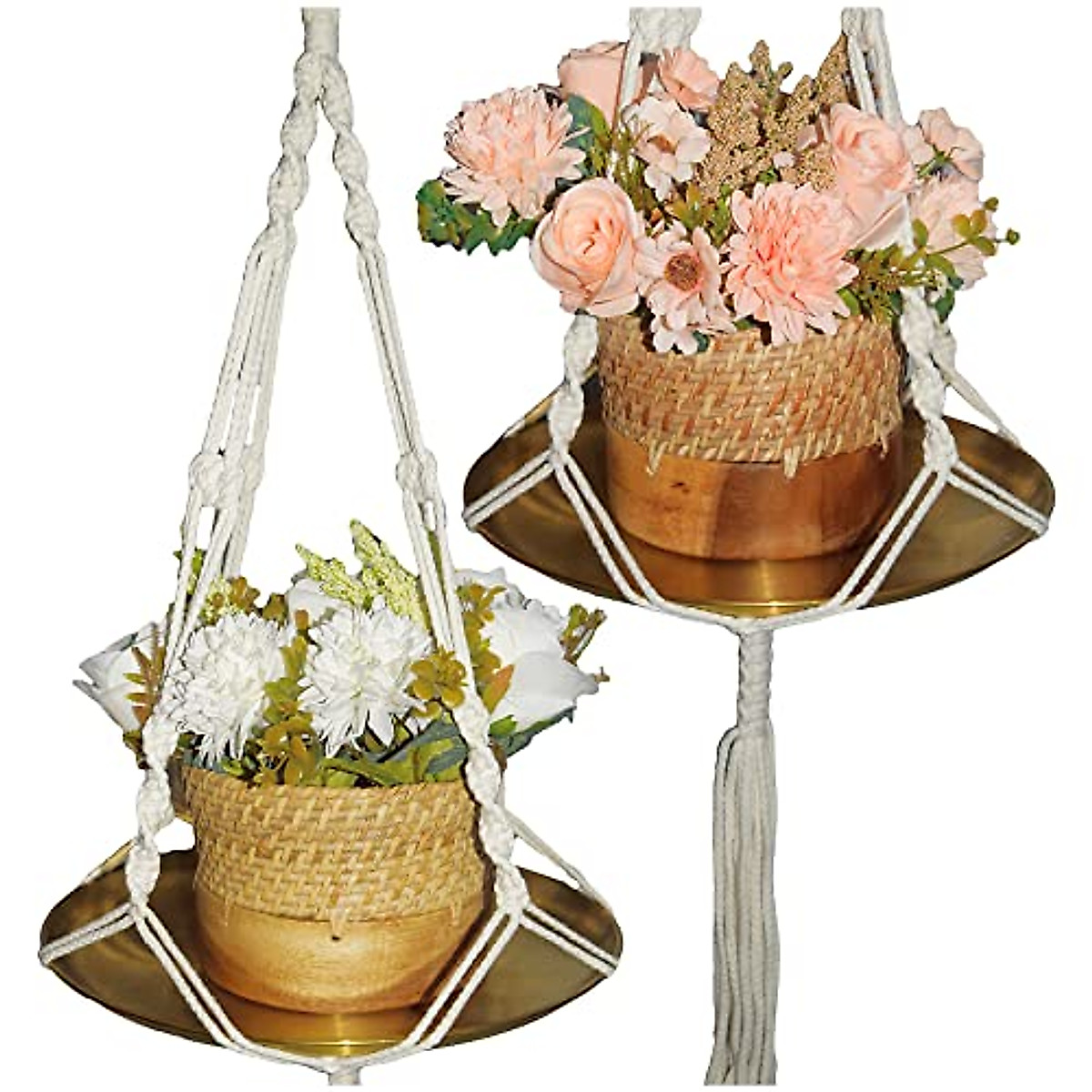 frefinest Macrame Plant Hanger - 2 Pack Metal Hanging Plant Holder, Home Decor Hanging Plant Shelf, Boho Design Gold Hanging Planter - Ceiling Plant Hangers Indoor - Gold