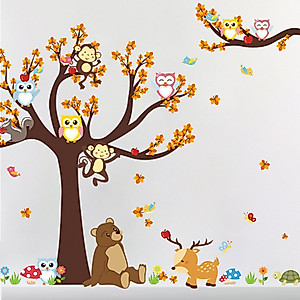 Creative Cartoon Family Owls On The Brown Tree Wall Decals Removable Wall Stickers DIY Wall Art Decor 3D Murals Animals Wallpaper for Nursery School Kids Baby Bedroom Bathroom Decoration