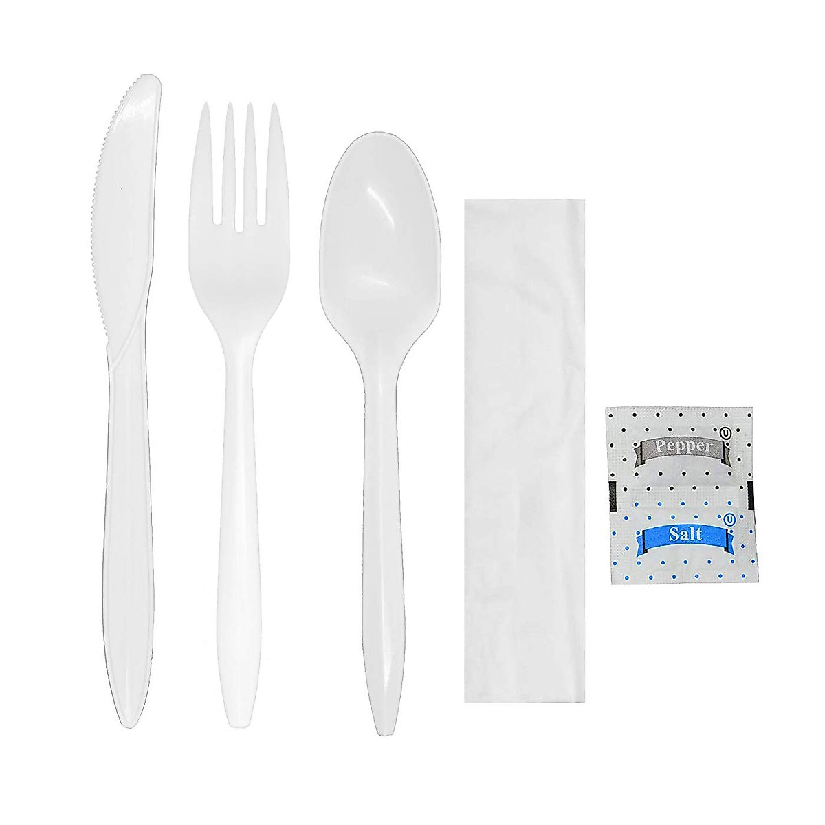 Daxwell Plastic Cutlery Kits, Medium Weight Polypropylene (PP), with Fork, Knife, Teaspoon, Salt, Pepper, Napkin, White, B10001837 (Case of 250), 1-(Pack)