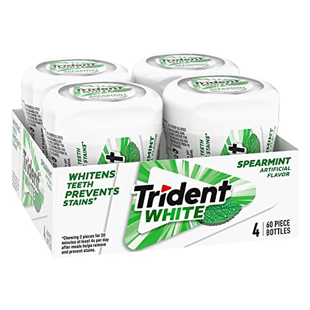 Trident White Spearmint Sugar Free Gum, 4 Bottles of 60 Pieces (240 Total Pieces)