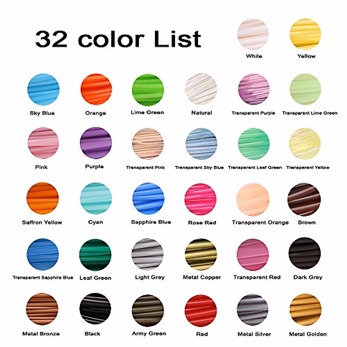 MIKA3D 32 Colors 3D Pen PLA Filament Refills, Each Color 10 Feet, Total 320 feet, Pack with 4 Finger Caps