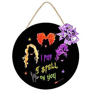 AKEROCK Hocus Pocus Decor, Halloween Door Decorations Hanger Sign I Put A Spell on You, Halloween Wreath Wooden Hocus Pocus Decorations, Halloween Home Decor for Wall, Indoor, Outdoor, Black