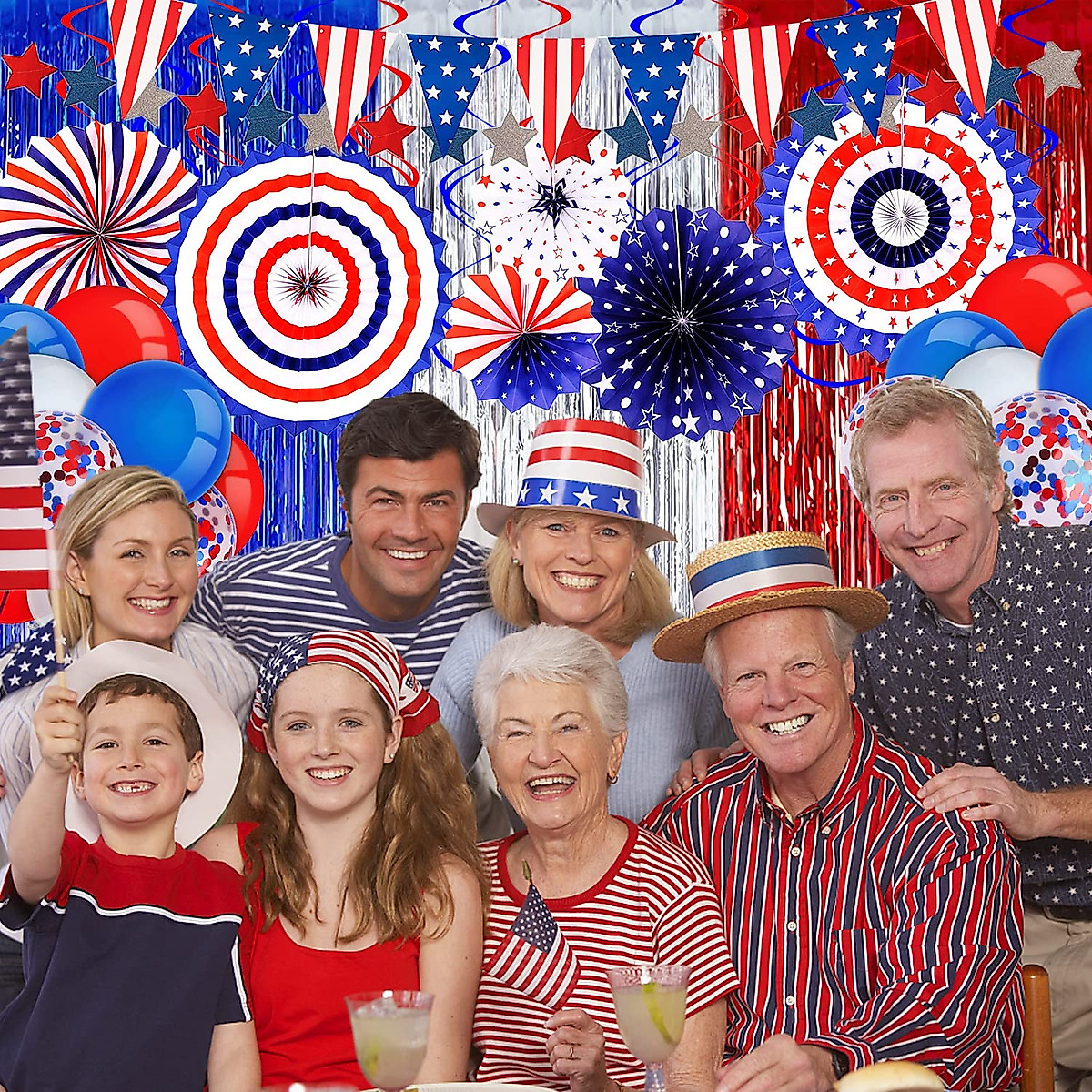 DawnHope 50PCS Patriotic Decorations, 4th of July Independence Day Red White Blue Hanging Paper Fans, Hanging Swirls, Flag Pennant, Foil Fringe, Balloons, Pom Poms Memorial Day Party Supplies Decor