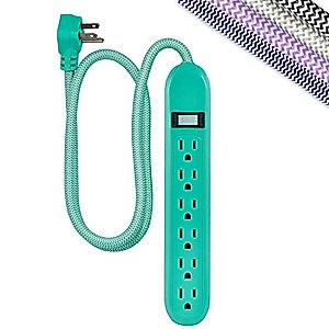 Cordinate 6-Outlet Surge Protector, Power Strip, Flat Plug, Braided Cord, Decorative, 3 ft Power Cord, Wall Mount, Tangle-Free, Warranty, Green, 41640 