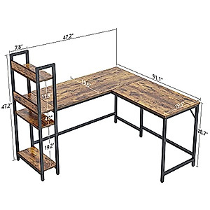 CubiCubi L Shaped Desk with Storage Shelves, Computer Corner Desk for Home Office, Writing Gaming Study Desk Table with Bookshelf, Space Saving, Brown