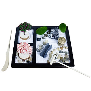 KVMORZE Zen Garden Kit, Japanese Zen Garden with White Sand, 2 Tools, 8 Zen Accessories, Tabletop Meditation Zen Garden for Home, Office, Yoga Decor, Gifts for Relaxation and Meditation, 8.5x6.9in