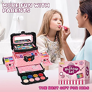 54 Pcs Kids Makeup Kit for Girls, Princess Real Washable Pretend Play Cosmetic Set Toys with Mirror, Non-Toxic & Safe, Birthday Gifts for 3 4 5 6 7 8 9 10 Years Old Girls Kids (Pink)