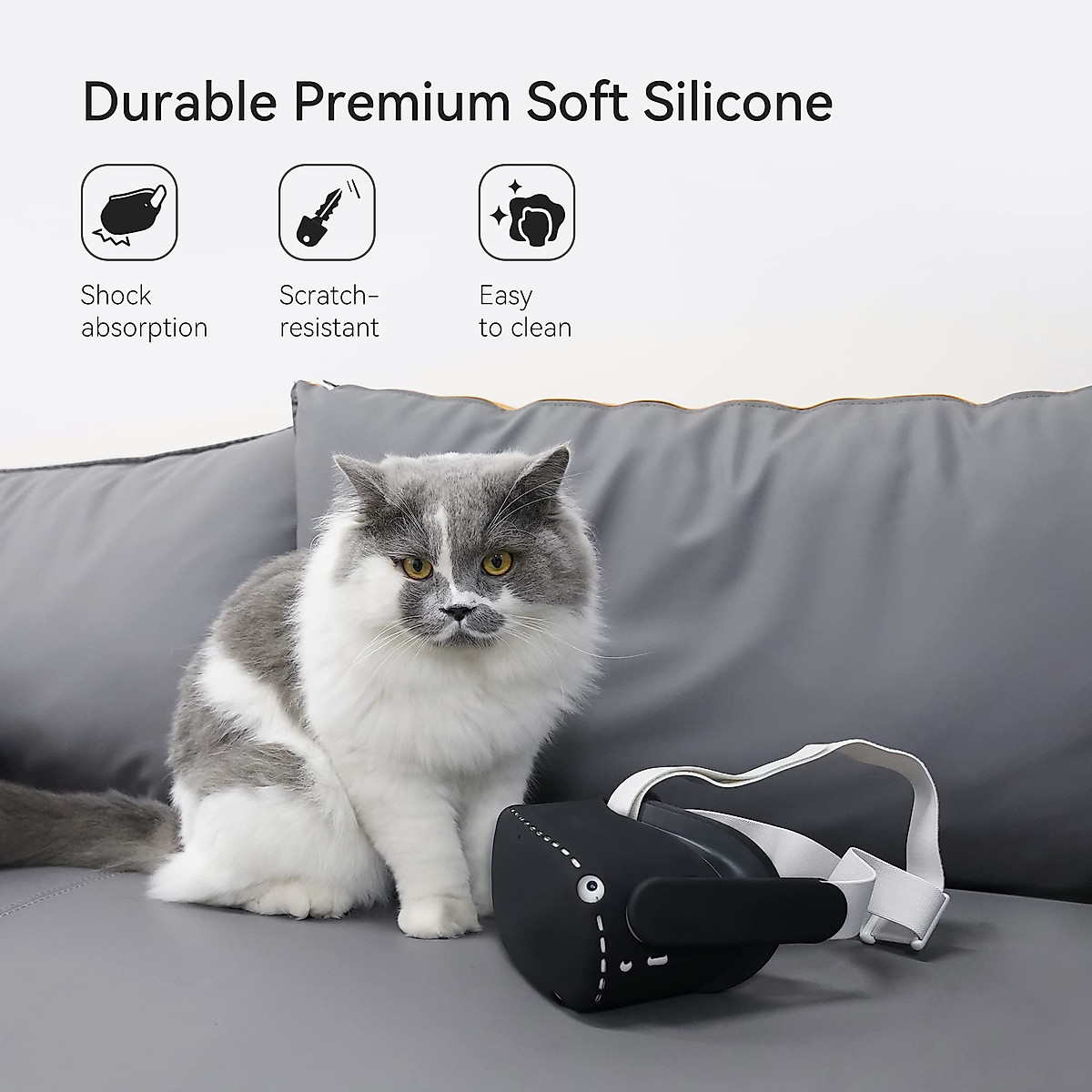 KIWI design Silicone VR Shell Protective Cover Compatible with Quest 2, with Two Side Protective Sleeves, Black Headset Cover