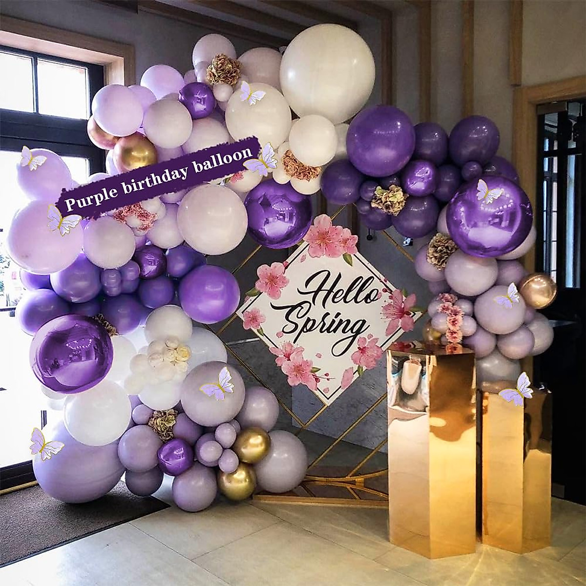 Purple Balloon Garland Kit, FEBALHS Purple Gold and White Balloons with Butterflies Stickers Dark Purple Light Purple Balloons for Birthday Party Baby Showers Sweet 16 Celebrations (Purple)