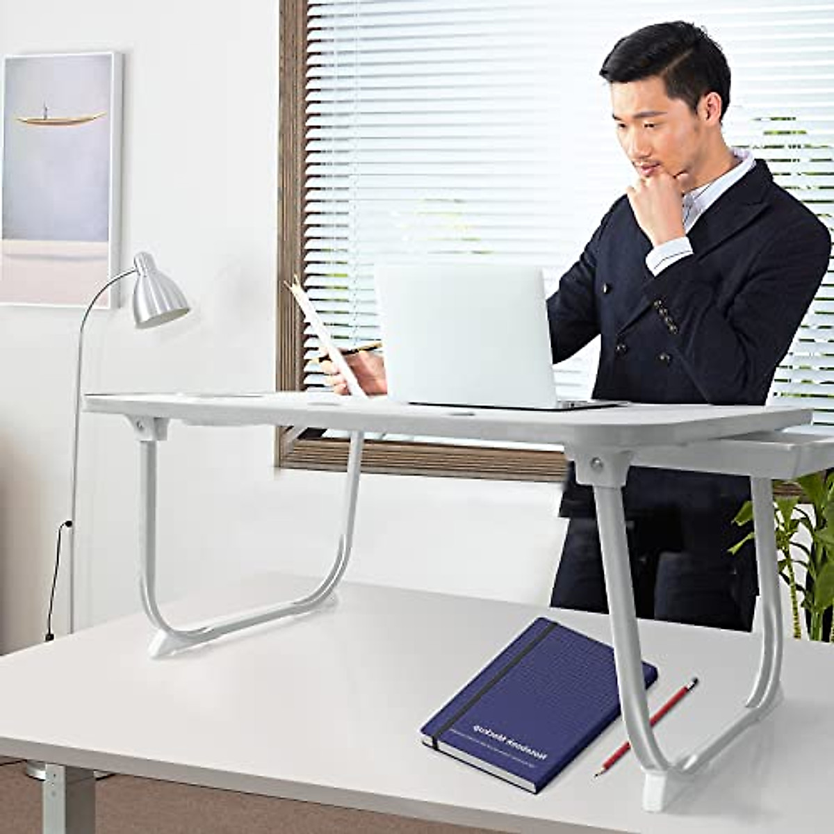 Desk Bed Table Folding Lap Table for Bed Desk with Cup Holder Study Table for Bed Tables for Eating and Laptops Perfect for Home Office Bedroom,White