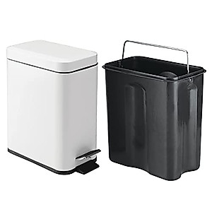 mDesign Small Modern 1.3 Gallon Rectangle Metal Lidded Step Trash Can, Compact Garbage Bin with Removable Liner Bucket and Handle for Bathroom, Kitchen, Craft Room, Office, Garage - White