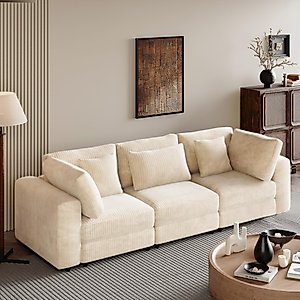Royard Oaktree Modern Upholstered Sofa with Armrests, 3-Seater Corduroy Fabric Sofa Couch with Removable Back Cushions and 5 Pillows, Comfy Couch for Living Room, Apartment, Studio, Office, Beige