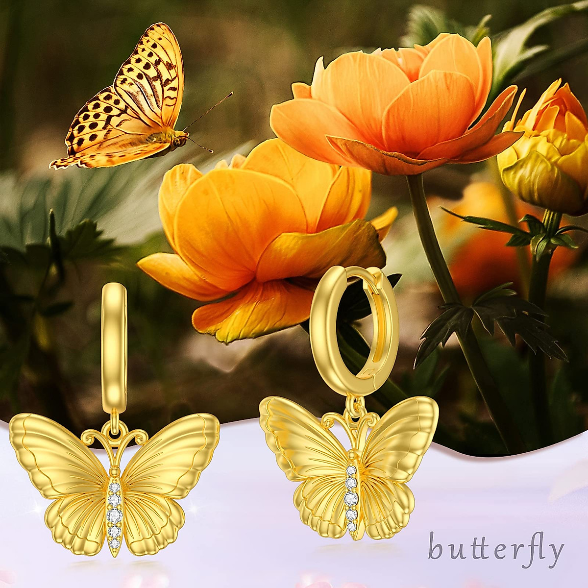 BETHZA Diamond Butterfly Huggie Earrings Gold Plated 925 Sterling Silver Dainty Butterfly Dangle Earrings D Color Diamonds Jewelry Gifts for Women
