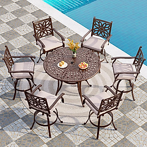 PHI VILLA Cast Aluminum High Bar Dining Set for 6 Person, 7 Piece Outdoor Patio Set with 54" Dia Cast-Top Aluminum Table(2.1" Umbrella Hole) and 6 Outdoor Swivel Bar Stool Chairs with Seat Cushions