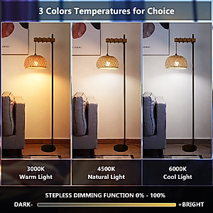 Stepeak Boho Floor Lamp with Remote, Farmhouse Dimmable Rattan Standing Lamp with Smart Blub, Bamboo Lampshade, App Control, Wood Black Tall Lamp for Living Room Bedroom Office, 9W LED Bulb Included