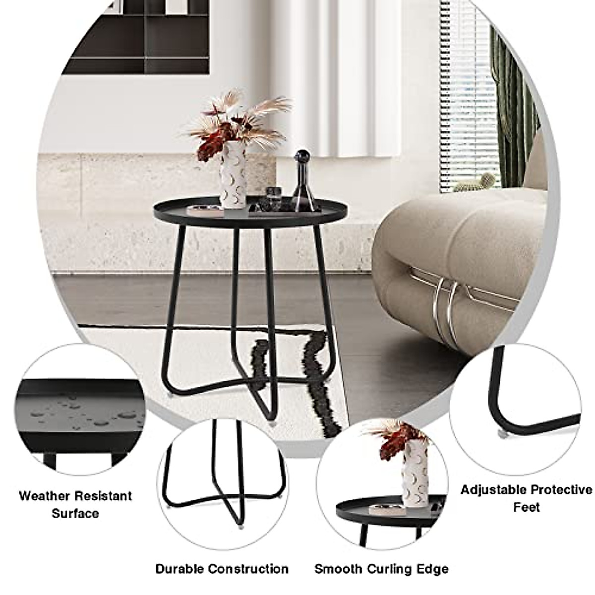 Babion Outdoor Side Tables, Small Round Metal Side Table, Weatherproof Metal End Table for Patio, Yard Balcony, Garden, Porch, Bedside (Black)