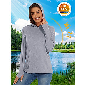 Womens UPF 50+ Hoodie Long Sleeve Sun Shirt Workout Shirts Runnig Shirts Quick Dry Summer Fishing Shirts for Women Breathable Beach Shirts Light Grey