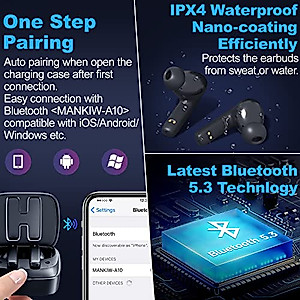 Hybrid Active Noise Cancelling Wireless Earbuds, in Ear Bluetooth 5.3 Stereo Earphones,MANKIW Wireless ANC Bluetooth Noise Cancelling Earbuds,HiFi Stereo Touch Control Earbuds for iPhone/Android-Black