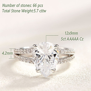 Wuziwen 925 Sterling Silver Cubic Zirconia Pear Shaped Engagement Ring for Women AAAAA CZ Size 7