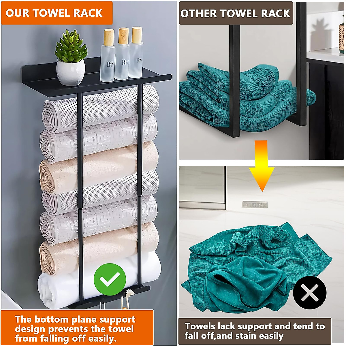 Towel Racks for Bathroom,CIT ZCFYU Retractable Towel Storage Holder Wall Mounted for Small Bathroom,Up to 8 Tier Rolled Bath Towel Rack or Hand Towels,Vertical Metal Towel Shelf Organizer with 3 Hooks