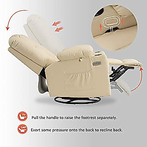 MCombo Manual Swivel Glider Rocker Recliner Chair with Massage and Heat for Nursery, USB Ports, 2 Side Pockets and Cup Holders, Durable Faux Leather 8036 (Cream White)