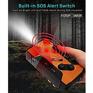 FosPower 2000mAh NOAA Emergency Weather Radio (Model A1) Portable Power Bank with Solar Charging, Hand Crank & Battery Operated, SOS Alarm, AM/FM & LED Flashlight for Outdoor Emergency