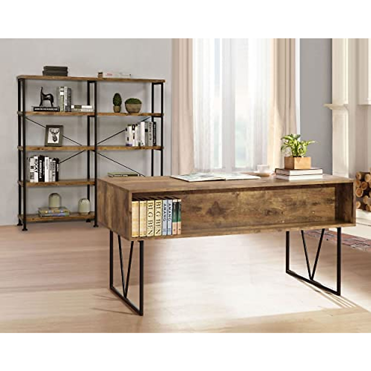 Coaster Analiese Rustic Industrial 60" 4-Shelf Wood Double Bookcase With Black Metal Frame, Brown Nutmeg