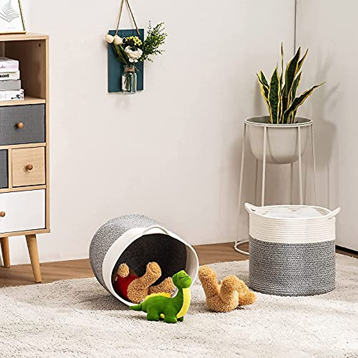 YOUDENOVA Cotton Rope Cube Storage Baskets, 13x13 Round Woven Baskets 4 Pack, Grey & Black Bundles