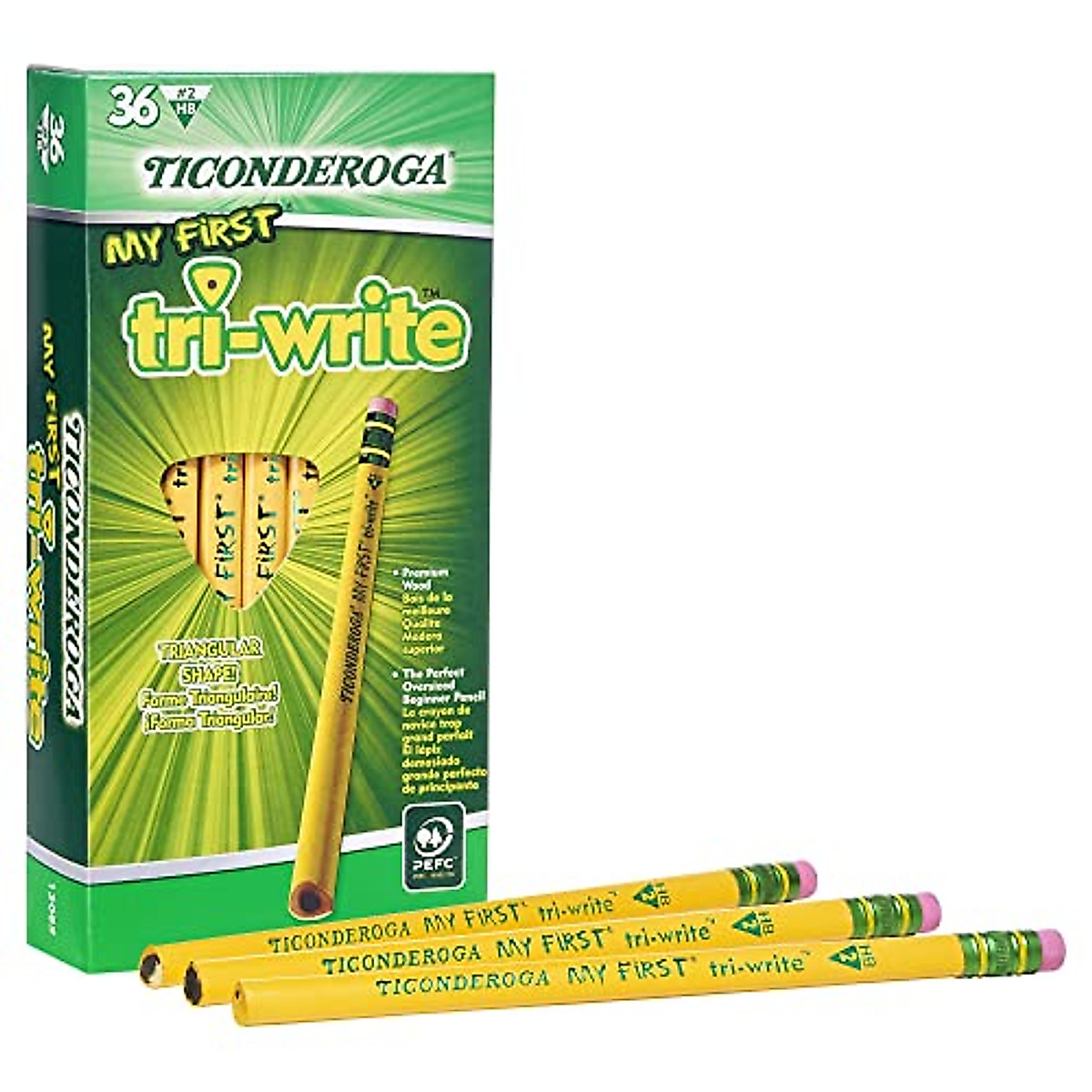 Ticonderoga® Tri-Write Beginners' Pencils With Erasers, #2 Soft, Yellow Barrel, Pack Of 36