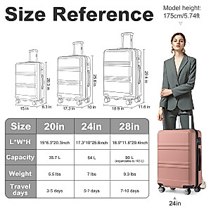 Kono 24 Inch Luggage Suitcase Lightweight with Spinner Wheels TSA Lock Hardside Medium Checked Luggage Durable Rolling Suitcase Nude/Rose Gold