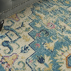 Nourison Passion Ivory/Light Blue 3'9" x 5'9" Area Rug, Boho, Moroccan, Bed Room, Living Room, Dining Room, Kitchen, Easy Cleaning, Non Shedding, (4' x 6')