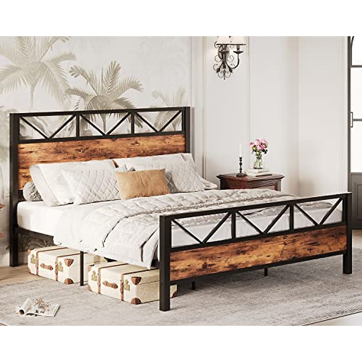 LIKIMIO King Bed Frame, Tall Industrial Headboard 51.2", Platform Bed Frame King with Strong Metal Support, Solid and Stable, Noise Free, No Box Spring Needed, Easy Assembly