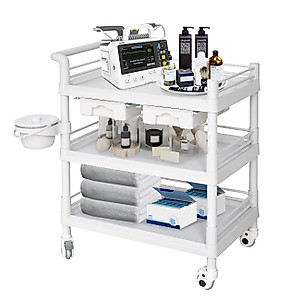 biosp Medical Trolley 3 Tier 500 Lbs Heavy Duty Professional Utility Cart Spacious Beauty Salon Rolling Trolley with 360°Rotate Wheels, Dirt Bucket & Drawer for Hospital Dental Clinic, White