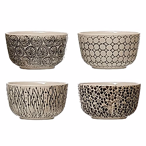 Creative Co-Op Hand-Stamped Stoneware Bowl with Embossed Pattern, Black & Cream Color, 4 Styles Dinnerware, Multi