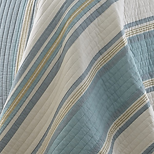 Levtex Home - Kailua Quilt Set - King Quilt + Two King Pillow Shams - Stripe - Blue Teal Taupe Cream - Quilt (106x92in.) and Pillow Shams (36x20in.) - Reversible - Cotton Fabric